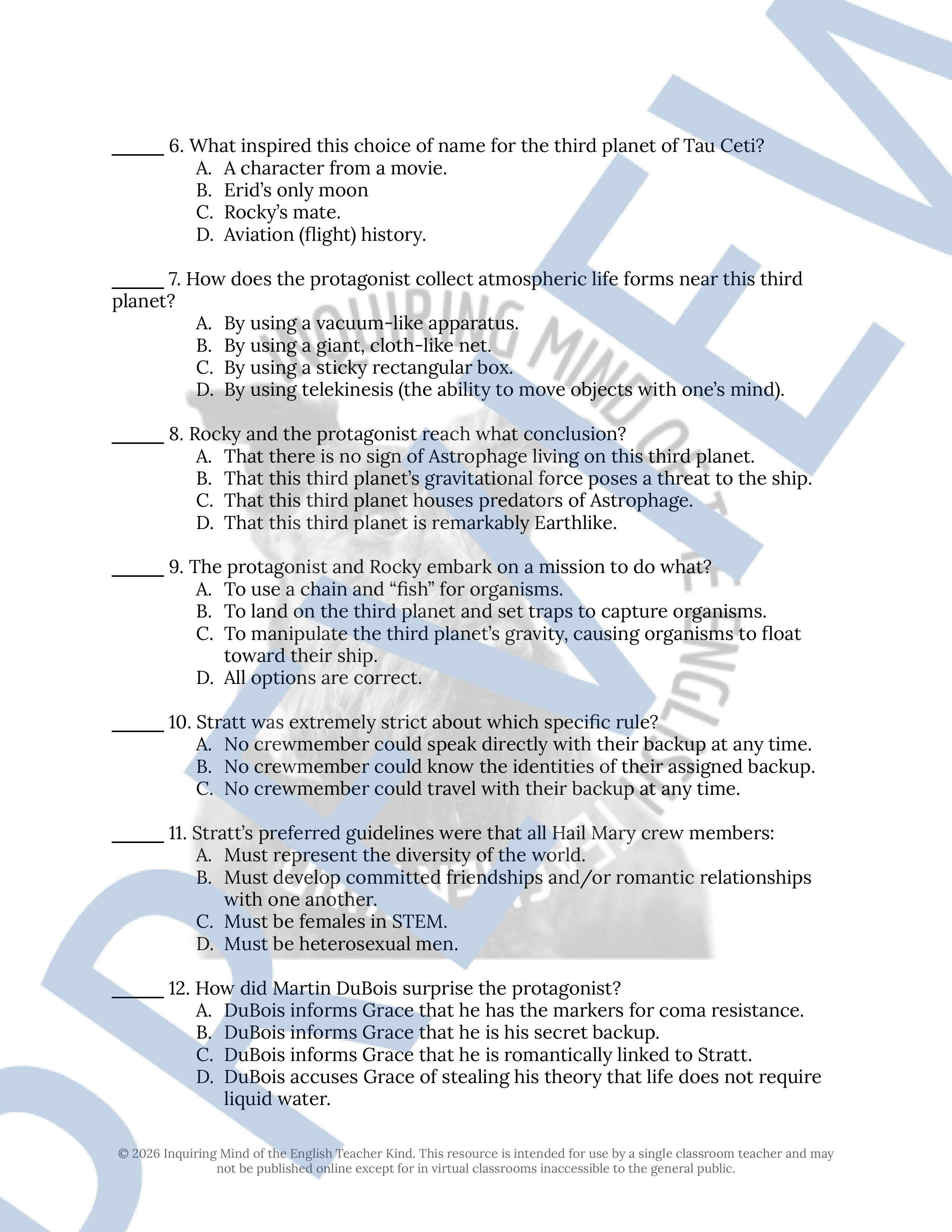 Project Hail Mary Chapters 16, 17, and 18 Quiz and Answer Key | Science ...