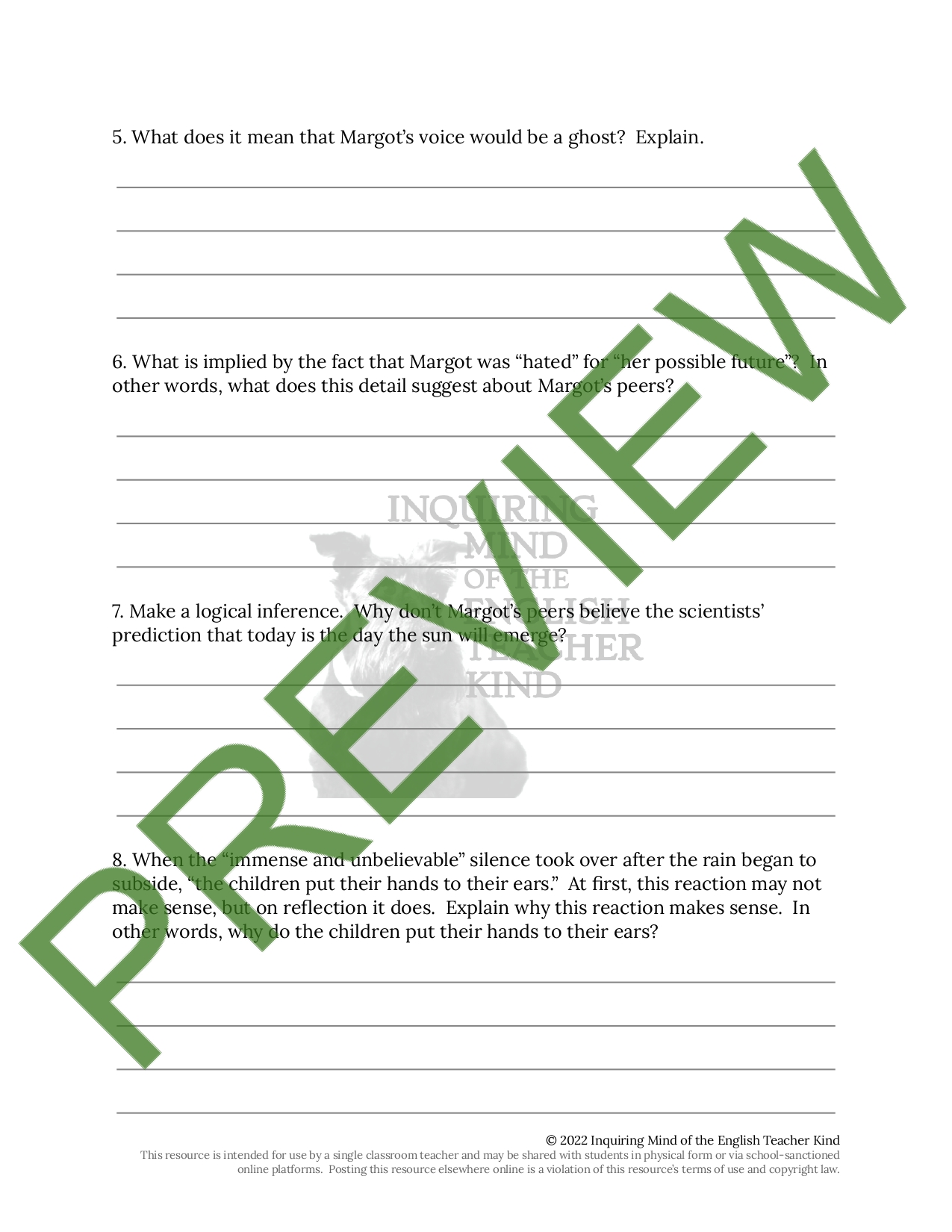 “All Summer in a Day” by Ray Bradbury Close Reading Questions ...