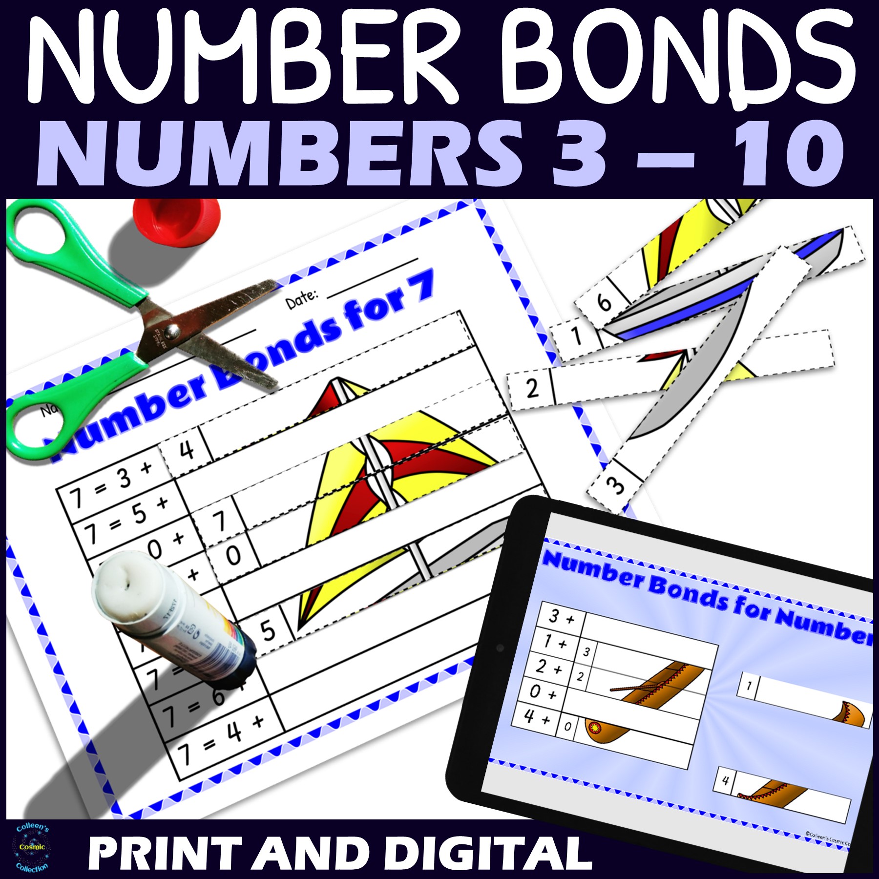 Number Bonds Self-Checking Cut and Paste Strip Puzzles for number 3-10 ...