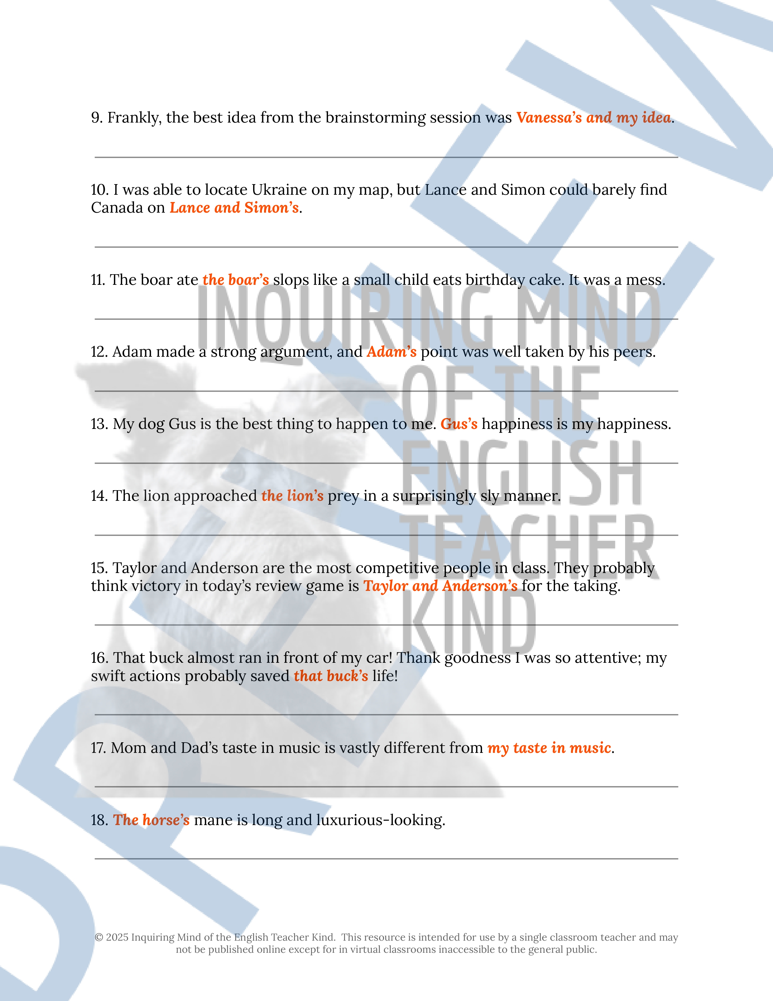 Grammar Review Practice Worksheet on Possessive Pronouns | Teaching ...
