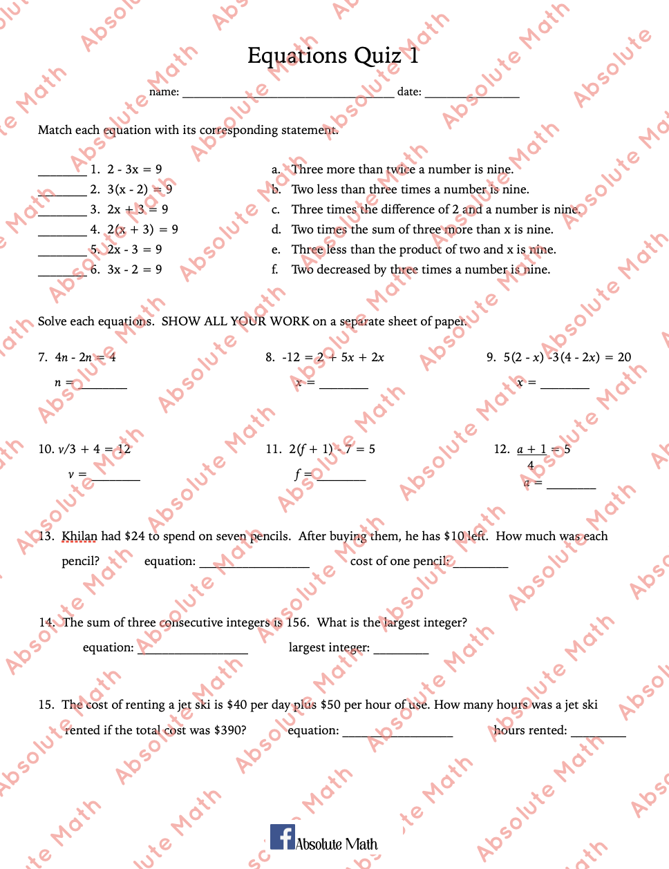 Equations Quiz 1 | Teaching Resources