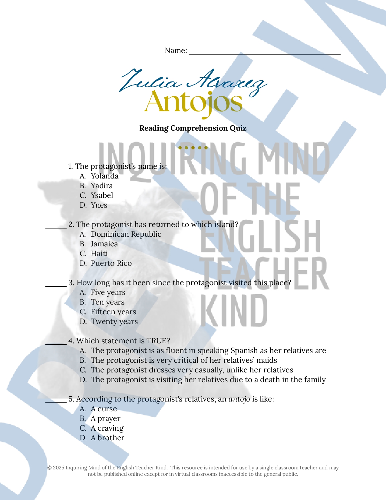 "Antojos" by Julia Alvarez Quiz and Answer Key (Short Story) | Teaching ...