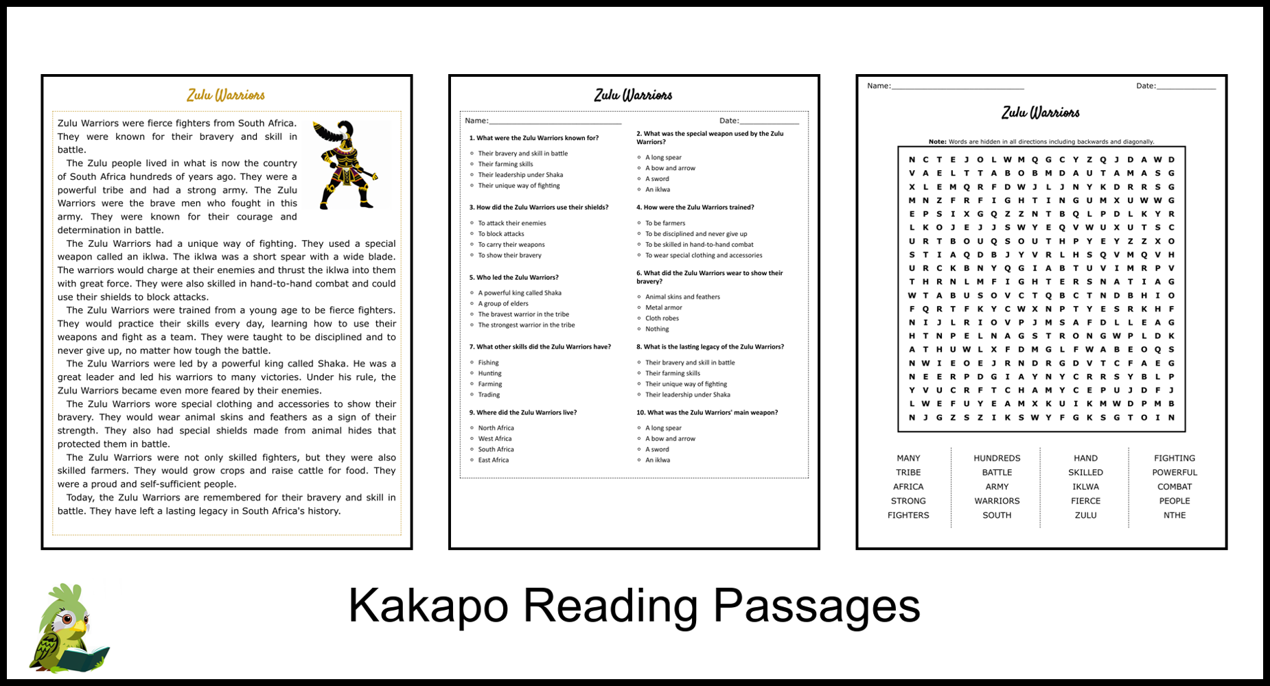 Zulu Warriors Reading Comprehension and Word Search | Teaching Resources