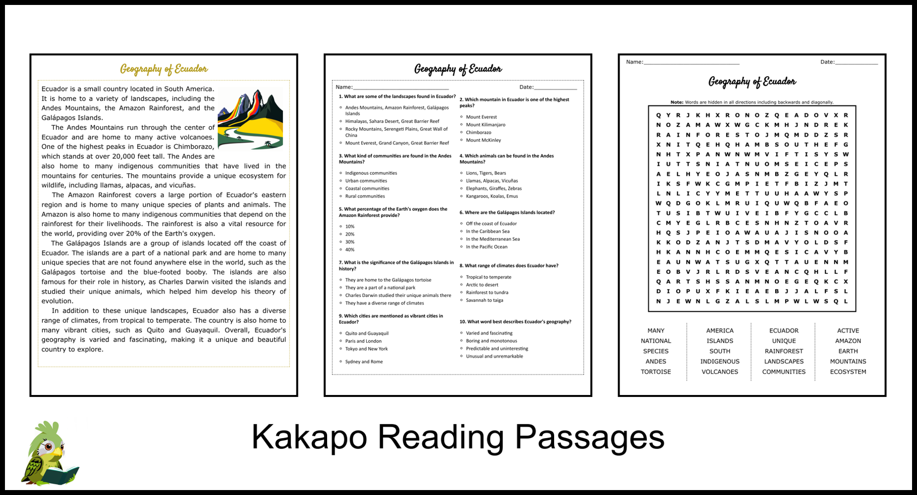Geography of Ecuador Reading Comprehension and Word Search | Teaching ...