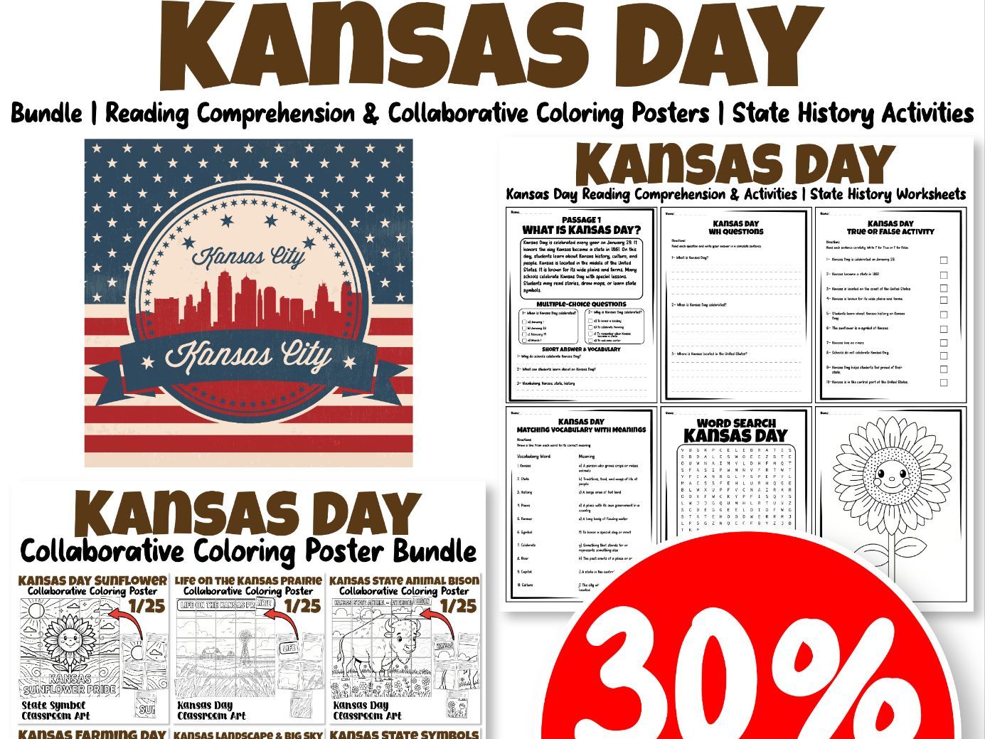Kansas Day Bundle | Reading Comprehension & Collaborative Coloring ...