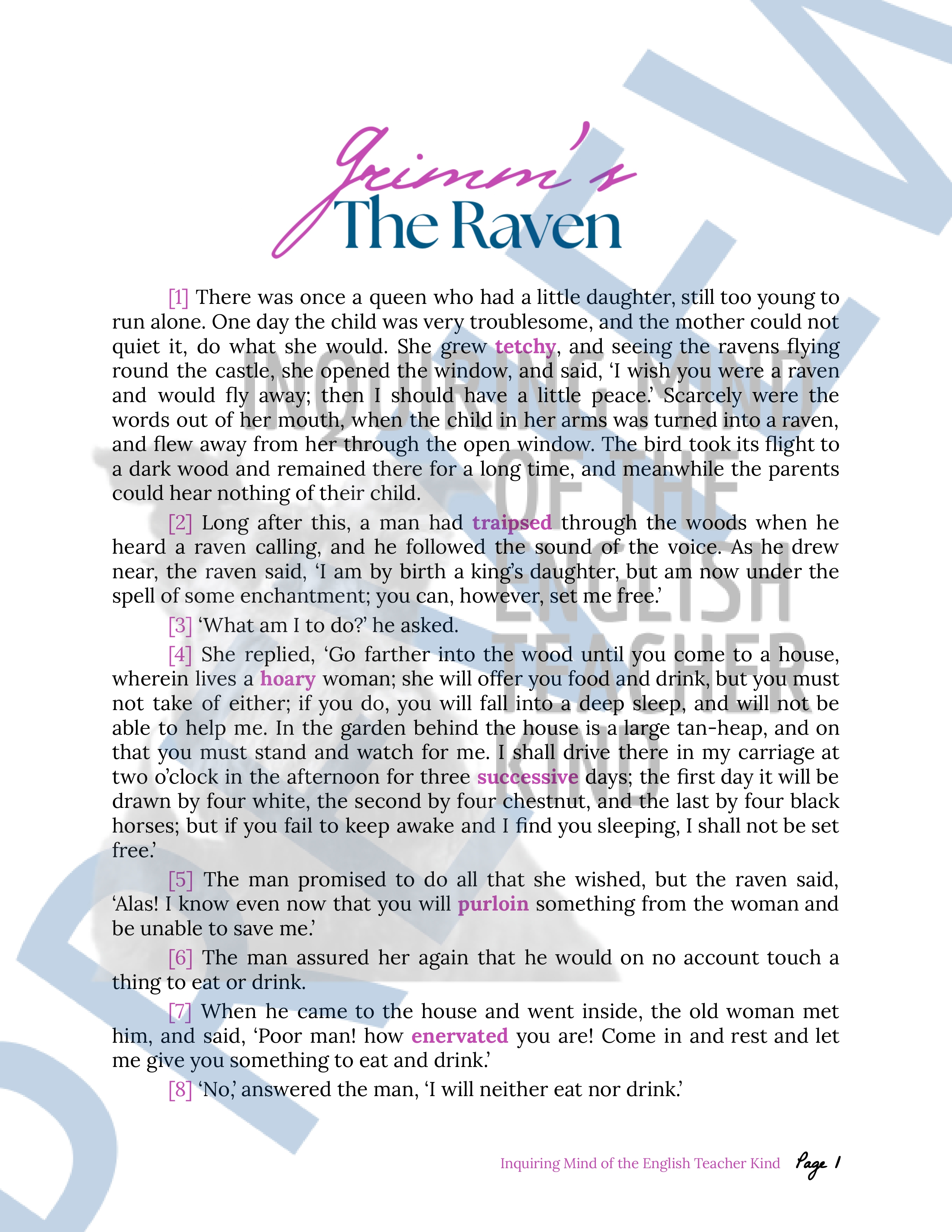 "The Raven" Close Reading Analysis Worksheet | Grimm's Fairy Tale ...