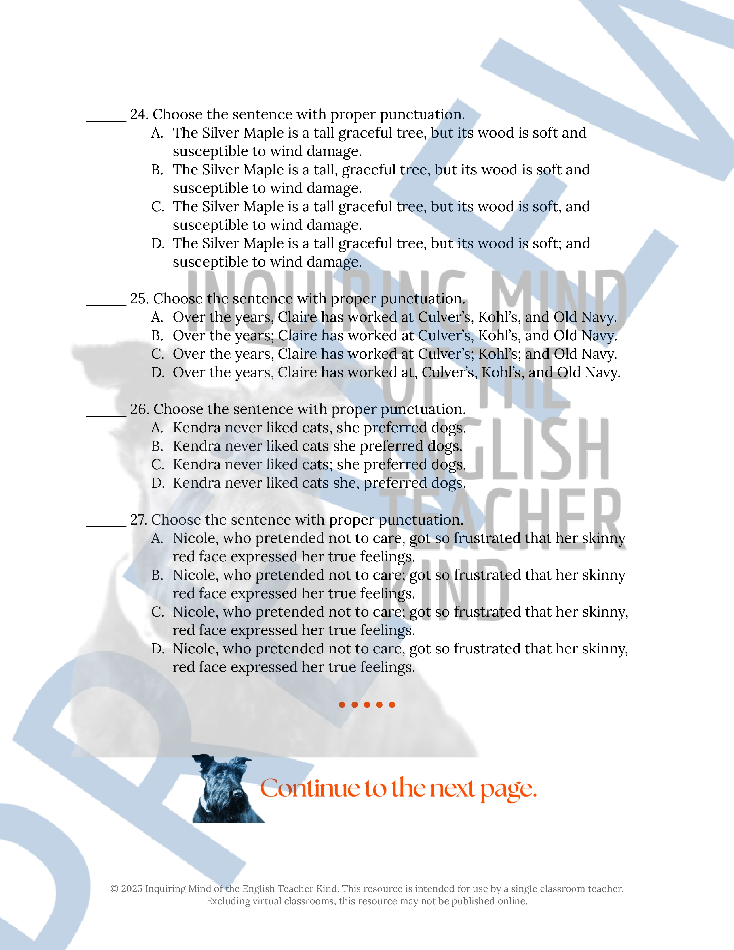 Grammar Review Worksheet on Commas, Semicolons, and Conjunctions with ...