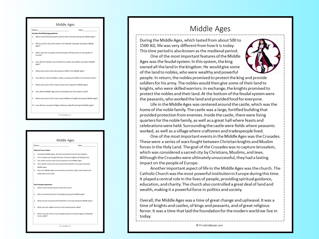 Middle Ages Reading Comprehension Passage Printable Worksheet ...