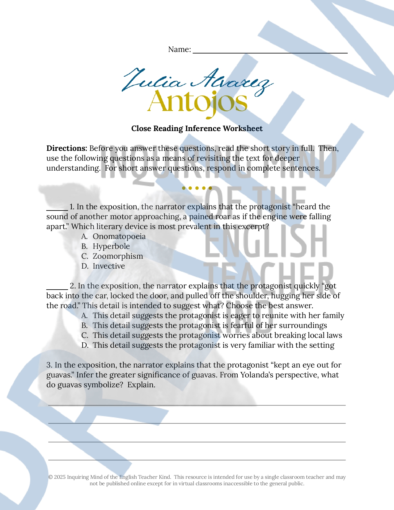 "Antojos" by Julia Alvarez Close Reading Analysis Worksheet (Short ...