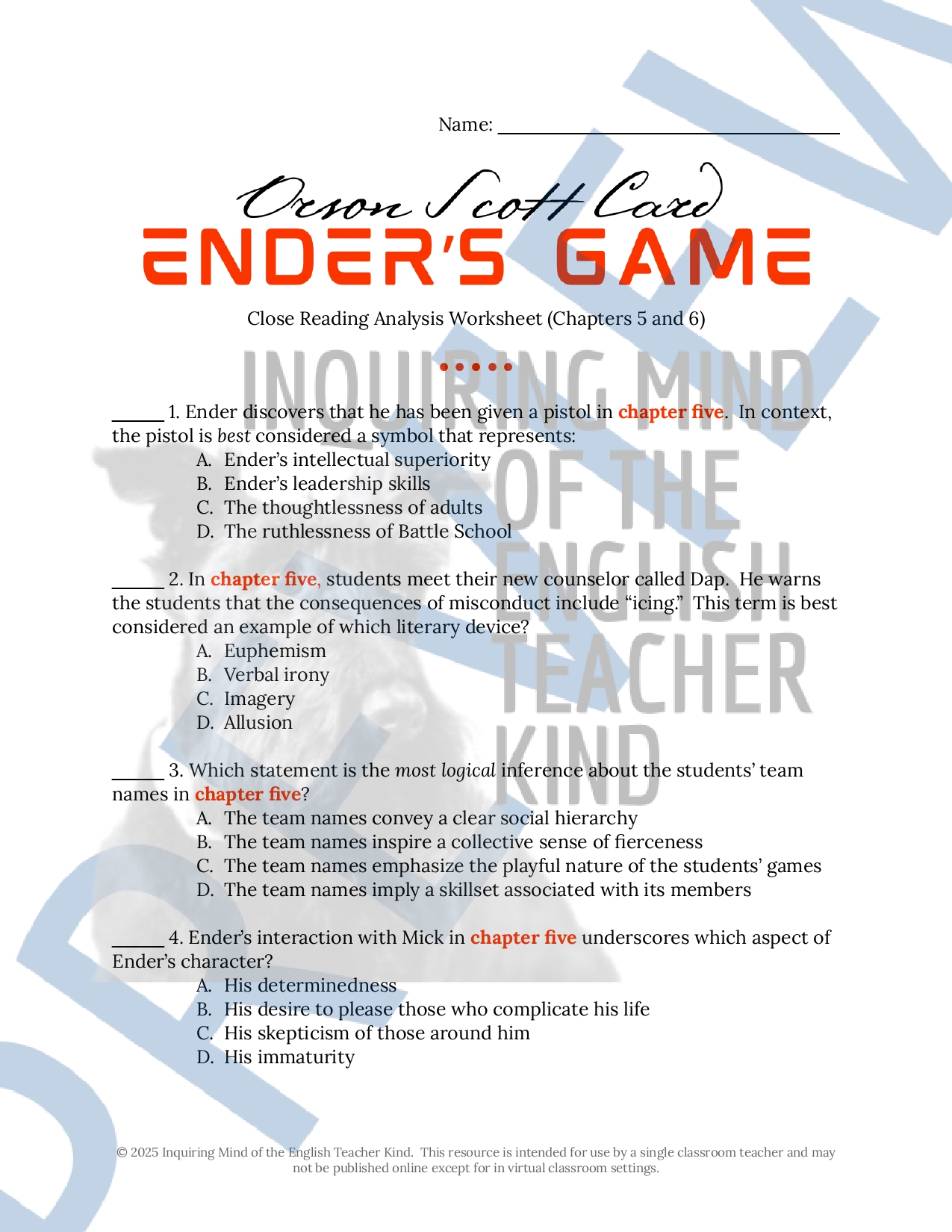 Ender's Game Chapters 5 and 6 Close Reading Analysis Worksheet ...
