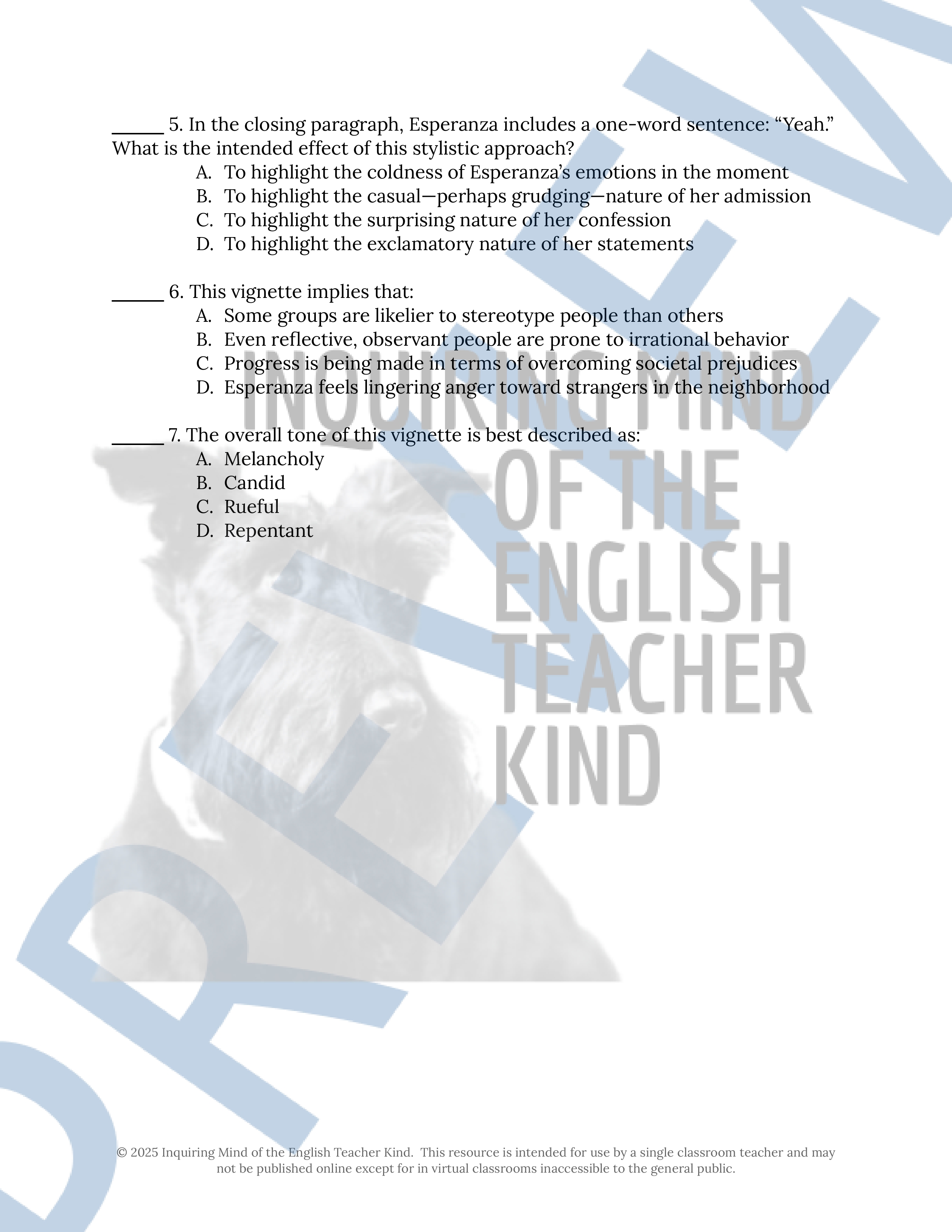The House on Mango Street "Those Who Don't" Close Reading Inference ...