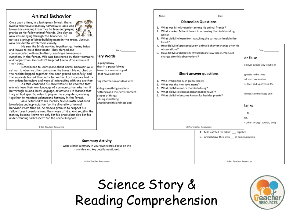 Animal Behavior Reading Science Story Comprehension Questions Worksheet ...