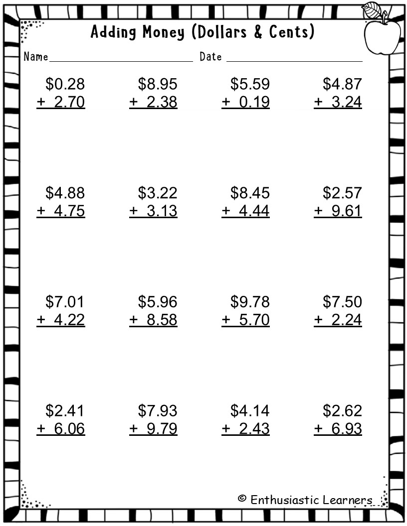 Money Addition with Regrouping | Dollars and Cents | Worksheets ...