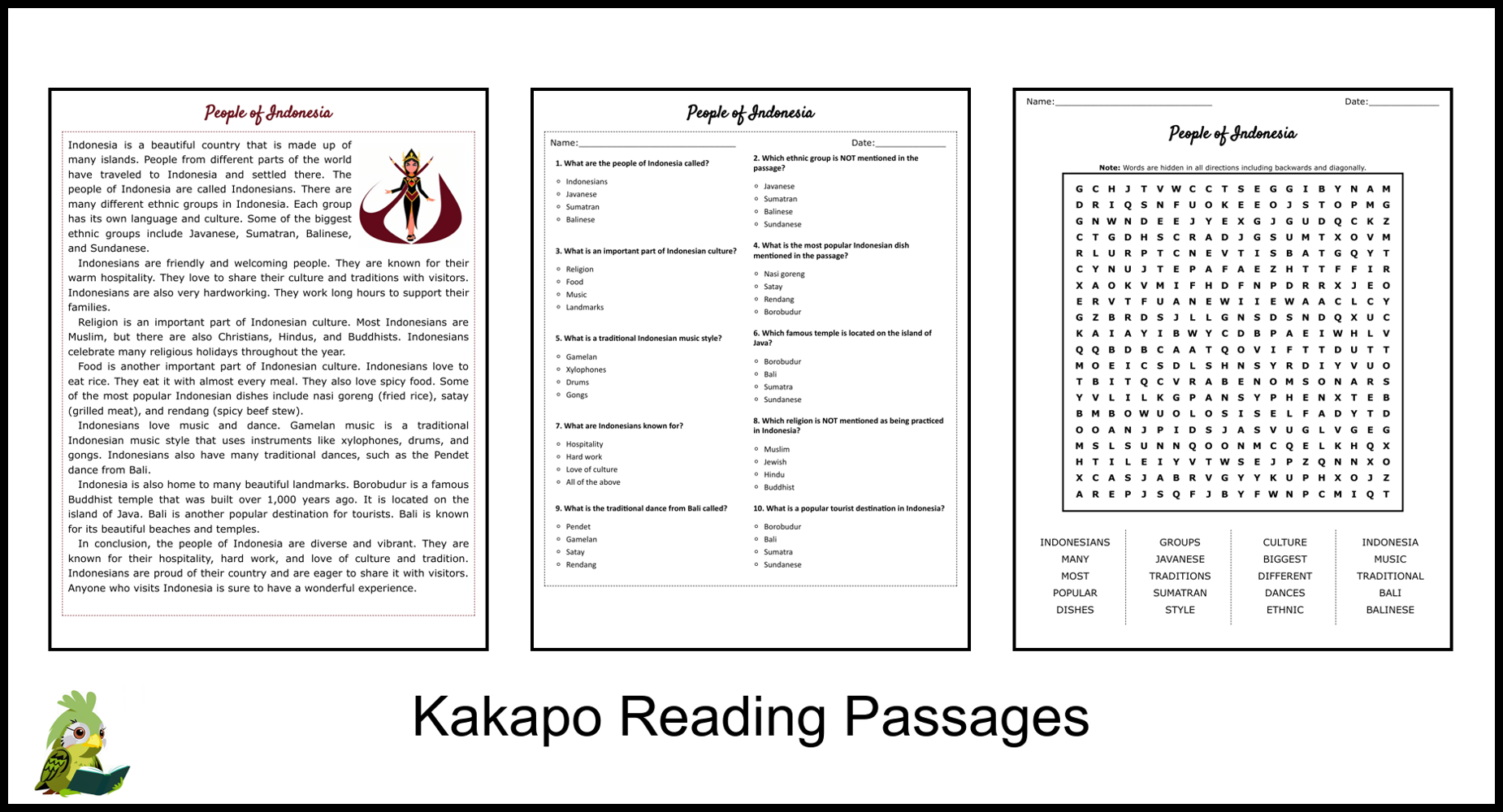 People of Indonesia Reading Comprehension and Word Search | Teaching ...