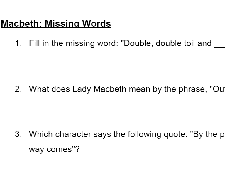 Macbeth Missing Words | Teaching Resources