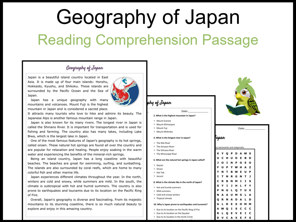 Geography of Japan Reading Comprehension and Word Search | Teaching ...