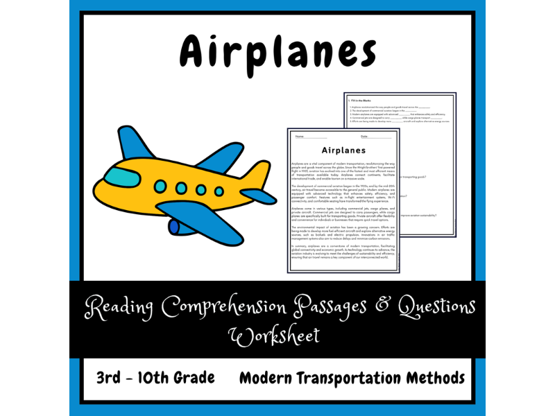 Airplanes Reading Comprehension Passages & Questions Worksheets ...