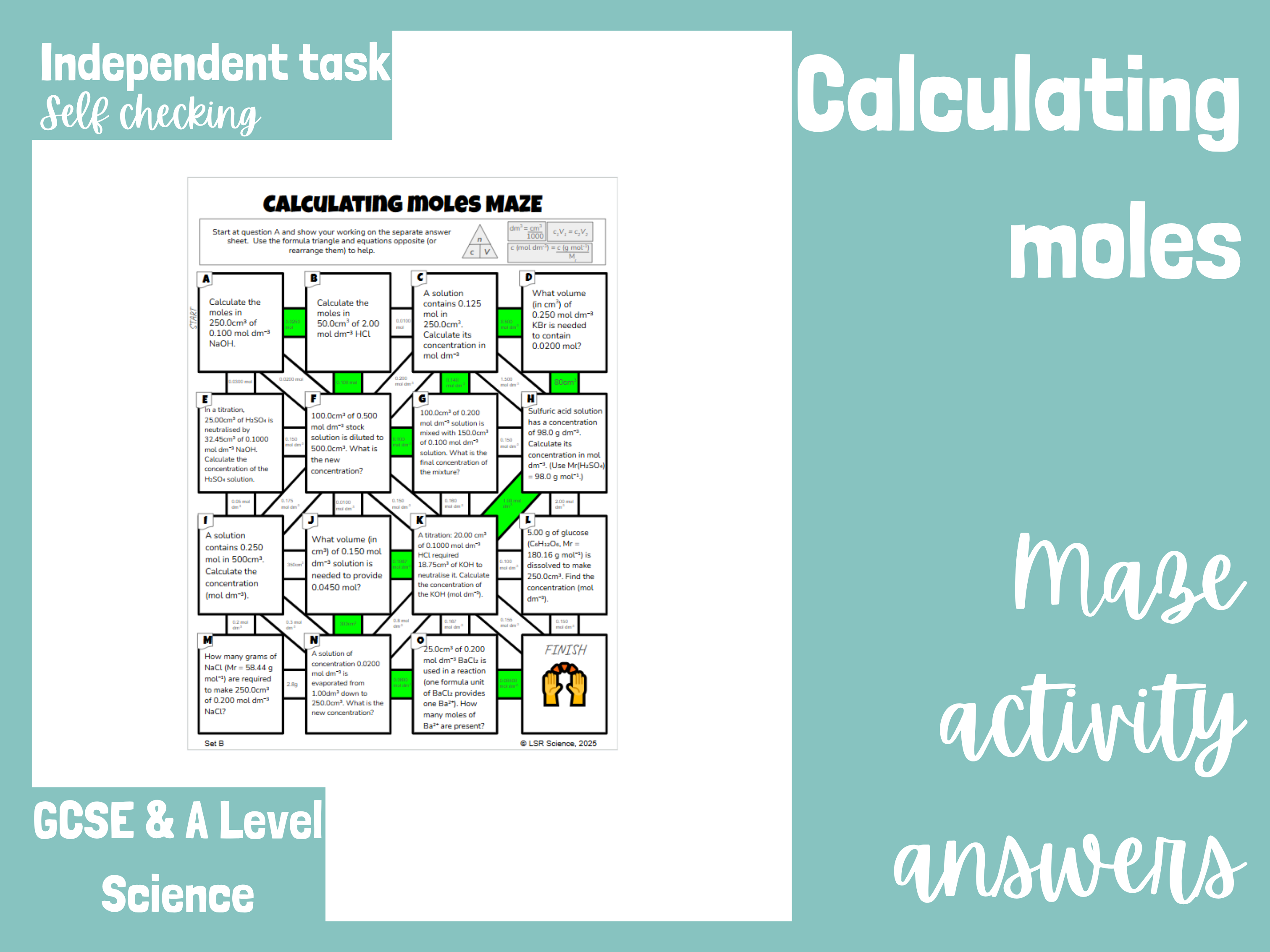 Moles, Concentration & Volume Calculation Maze | GCSE Chemistry | A Level Chemistry | n = cV ...