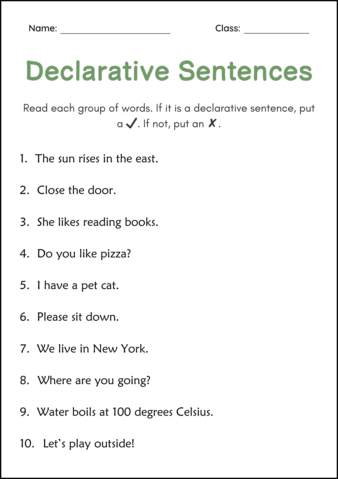 Four Types of Sentences Grammar Worksheets - Declarative, Interrogative ...