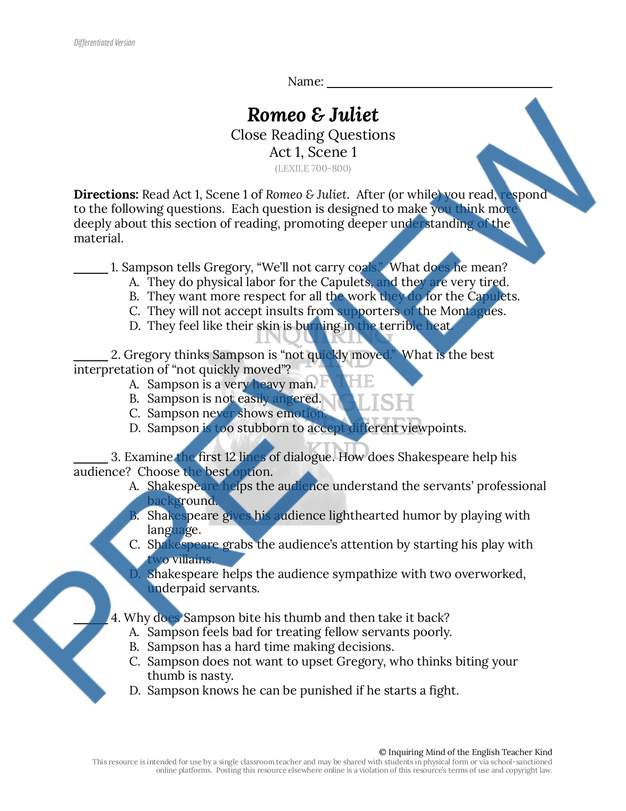 Romeo and Juliet Act 1 Scene 1 Close Reading Worksheet | Teaching Resources