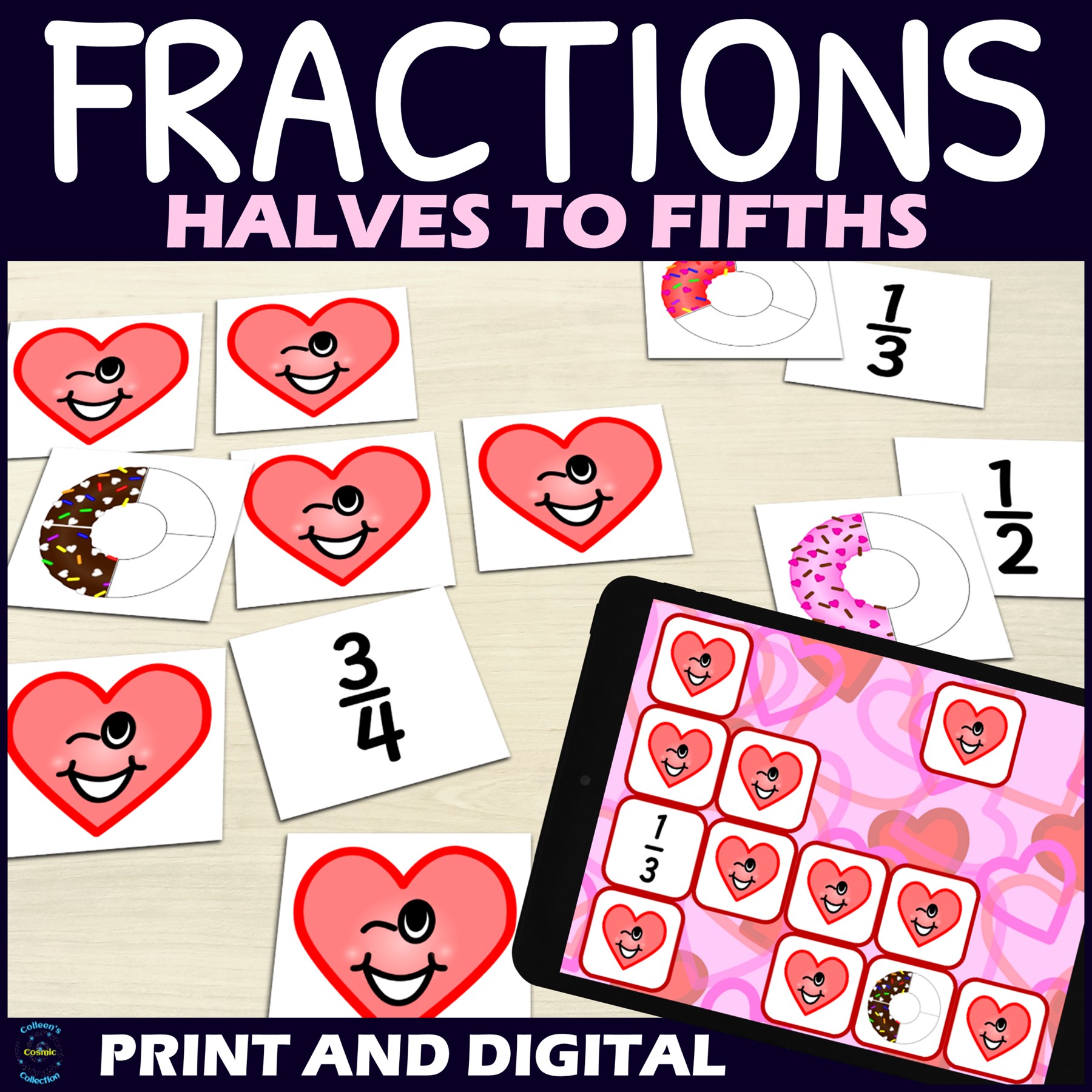 Valentines Day Fractions Activity - Game - Printable and Digital - 1/2s ...