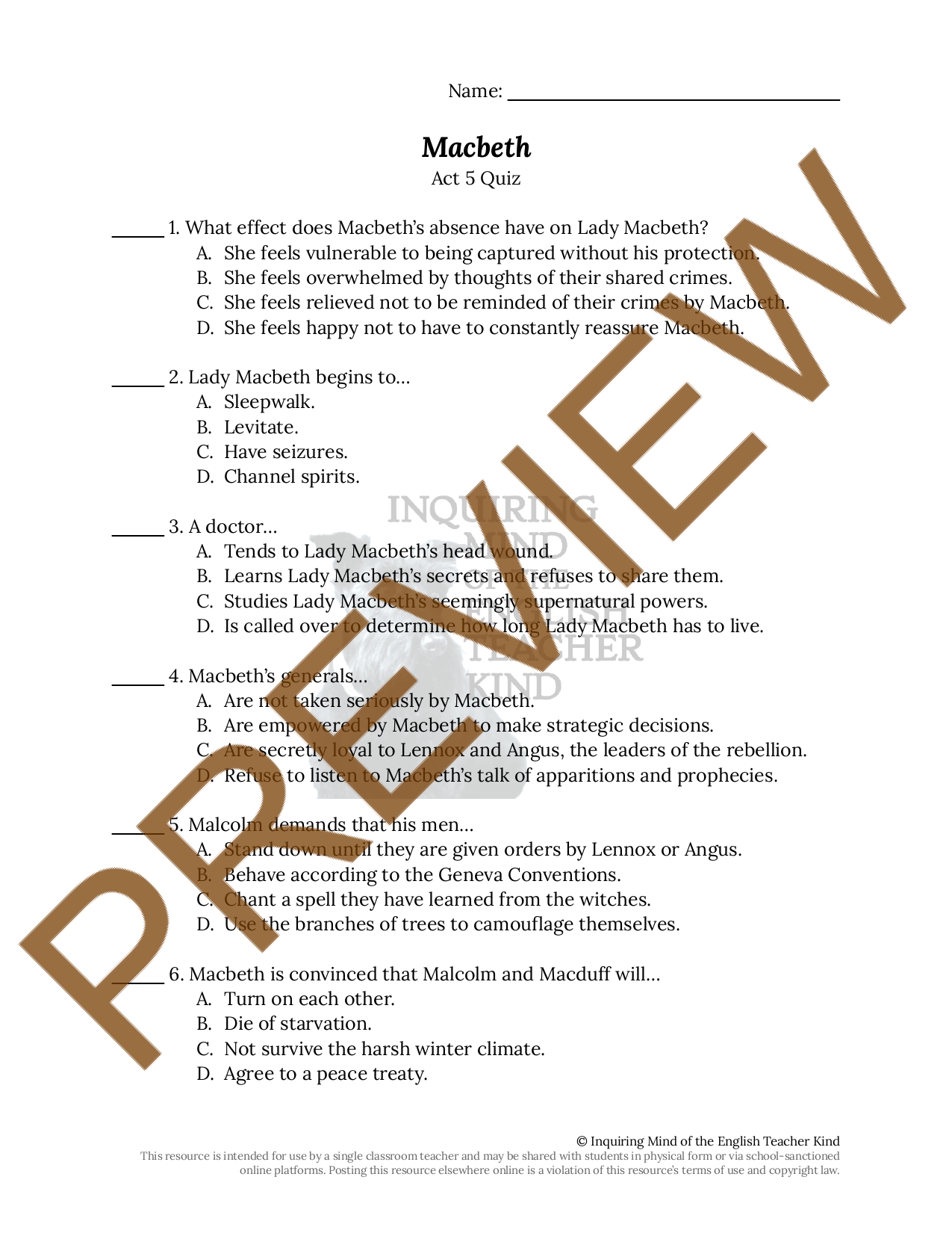 Macbeth Act 5 Quiz and Answer Key | Teaching Resources