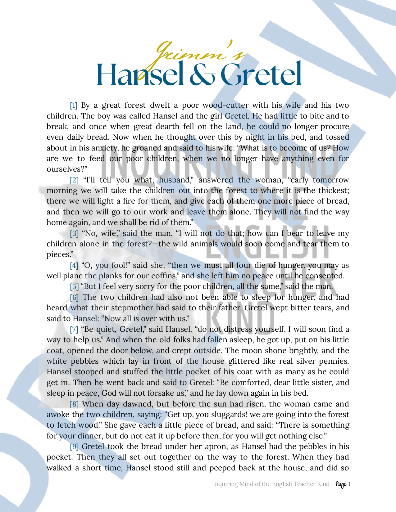 “Hansel and Gretel” Close Reading Analysis Worksheet (Grimm's Fairy ...