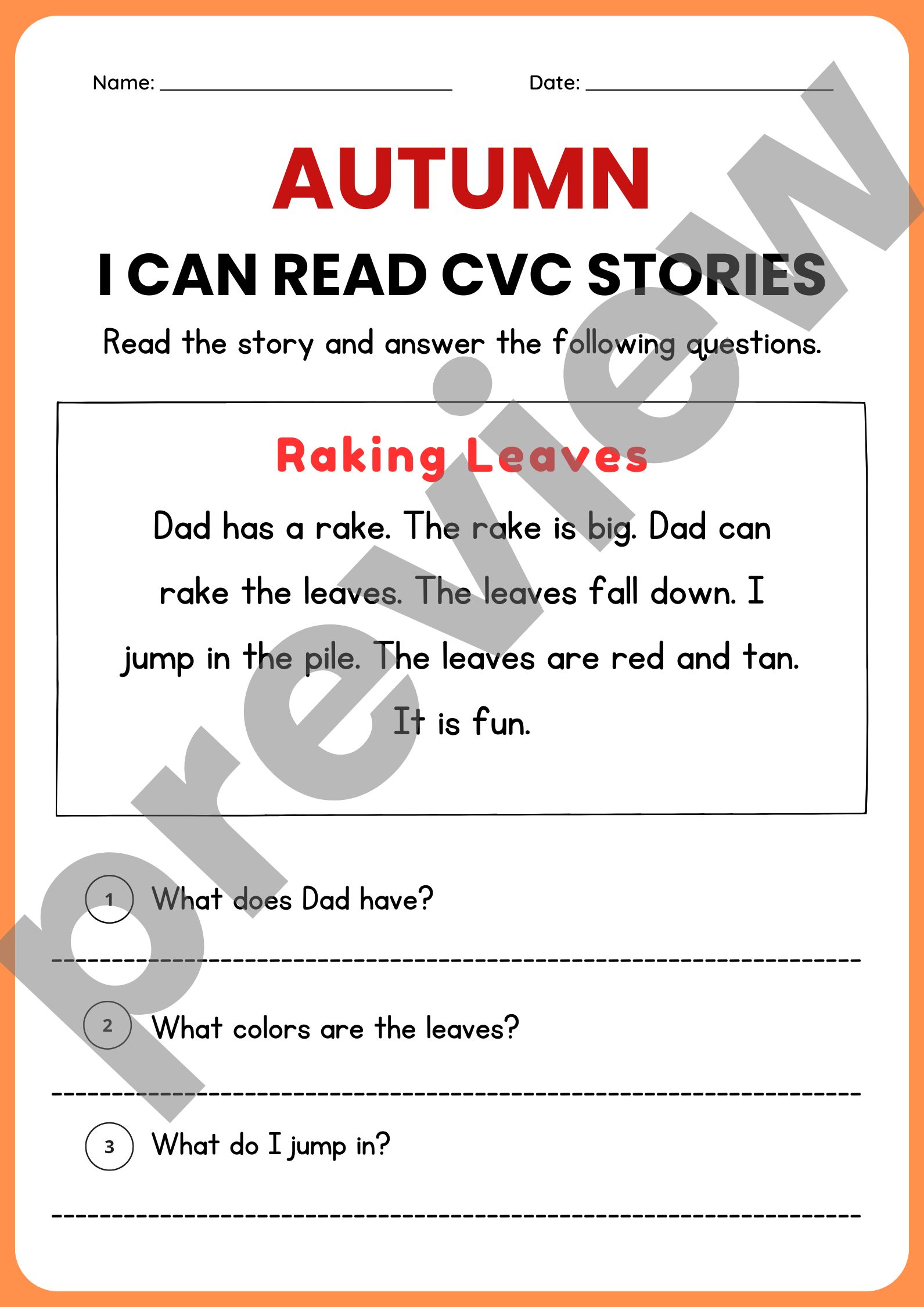 Fall CVC Decodable Short Stories worksheets with Questions | Decodable ...