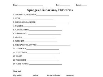 Sponges, Cnidarians, Flatworms Word Scramble for Biology II | Teaching ...