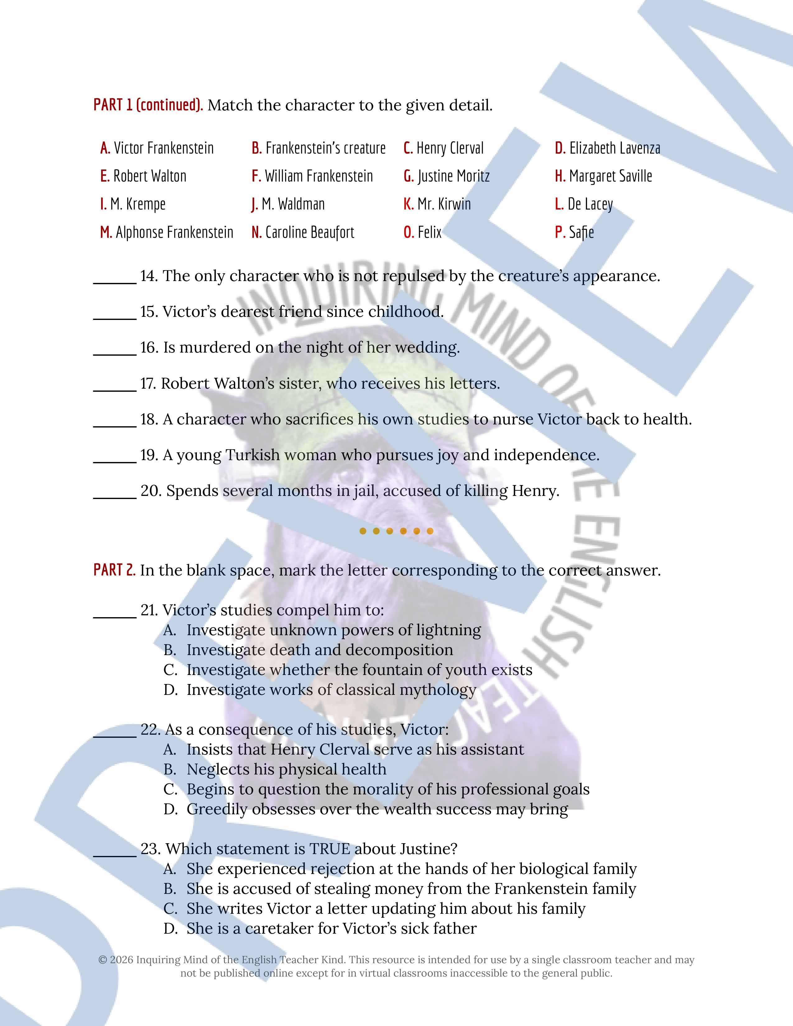 Frankenstein by Mary Shelley Test, Answer Key & Study Guide for High ...