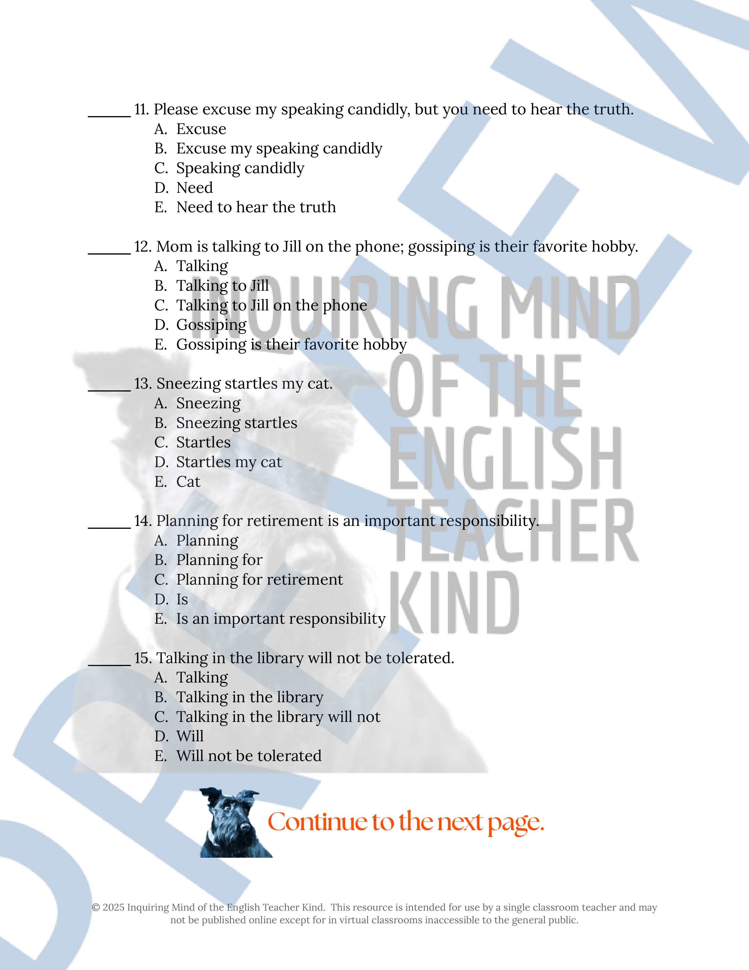 Grammar Review Worksheet on Gerunds, Participles, and Infinitives with ...