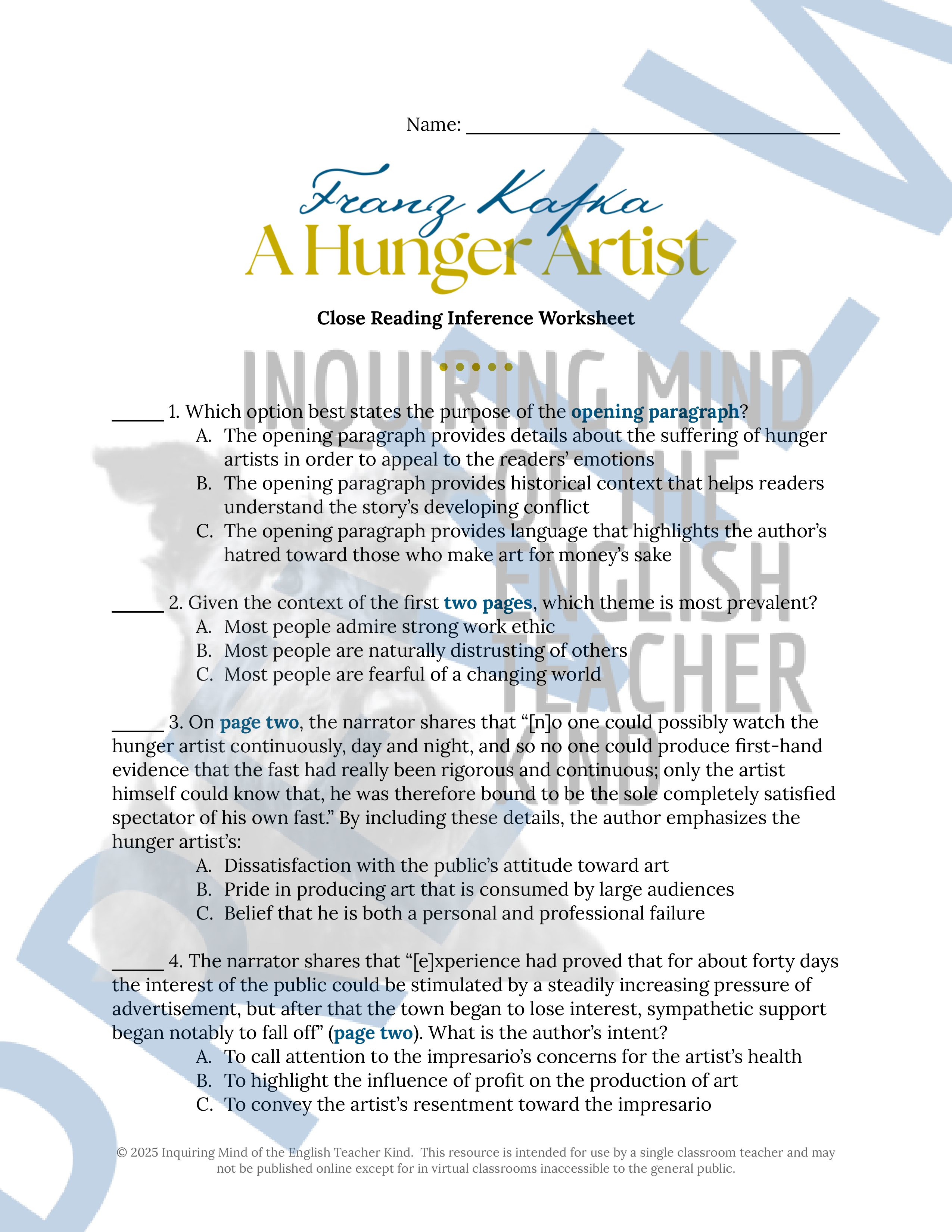 "A Hunger Artist" by Franz Kafka Close Reading Analysis Activity ...