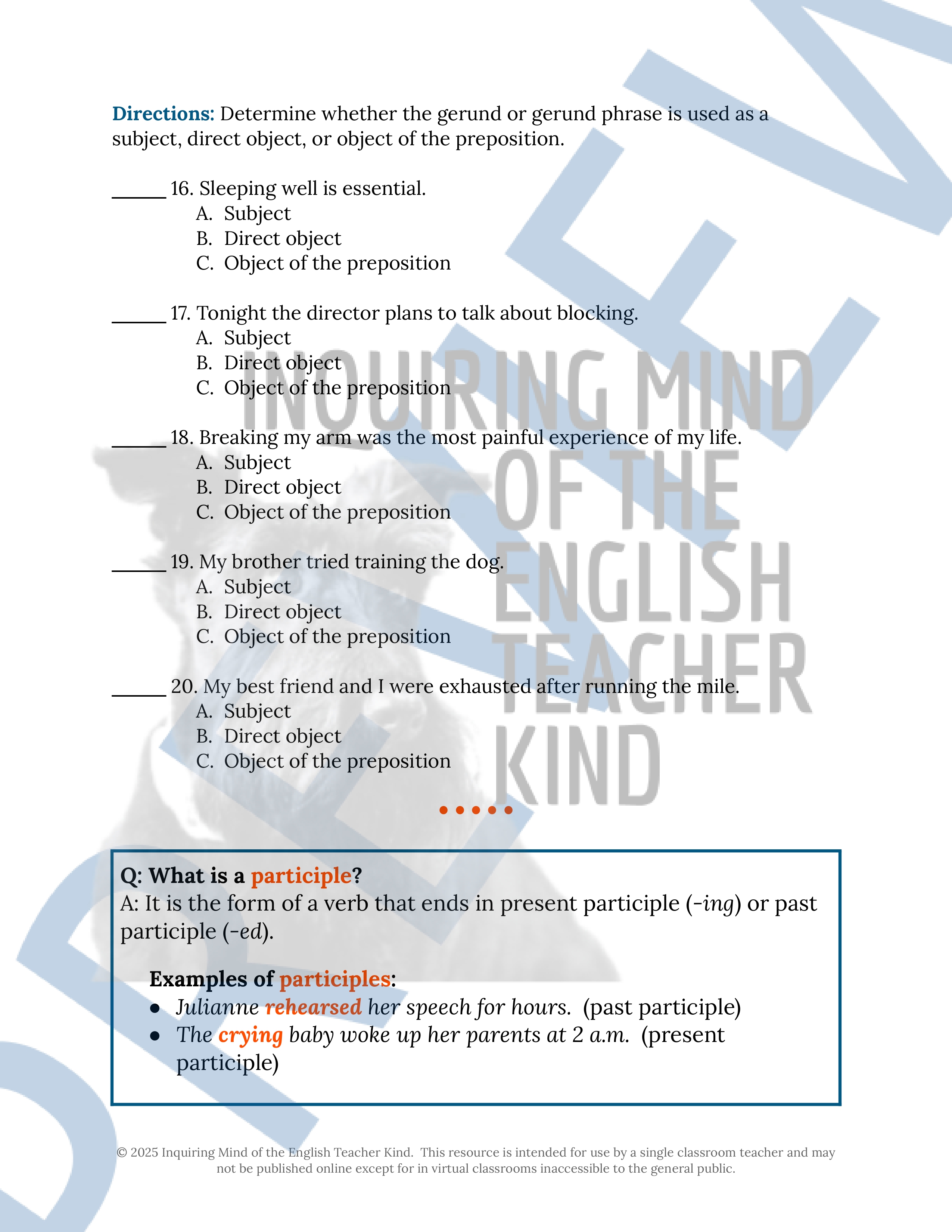 Grammar Review Worksheet on Gerunds, Participles, and Infinitives with ...