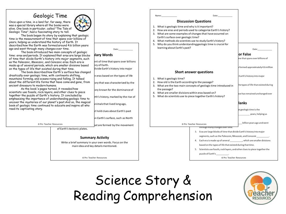 Geologic Time Reading Science Story Comprehension Questions Worksheet ...