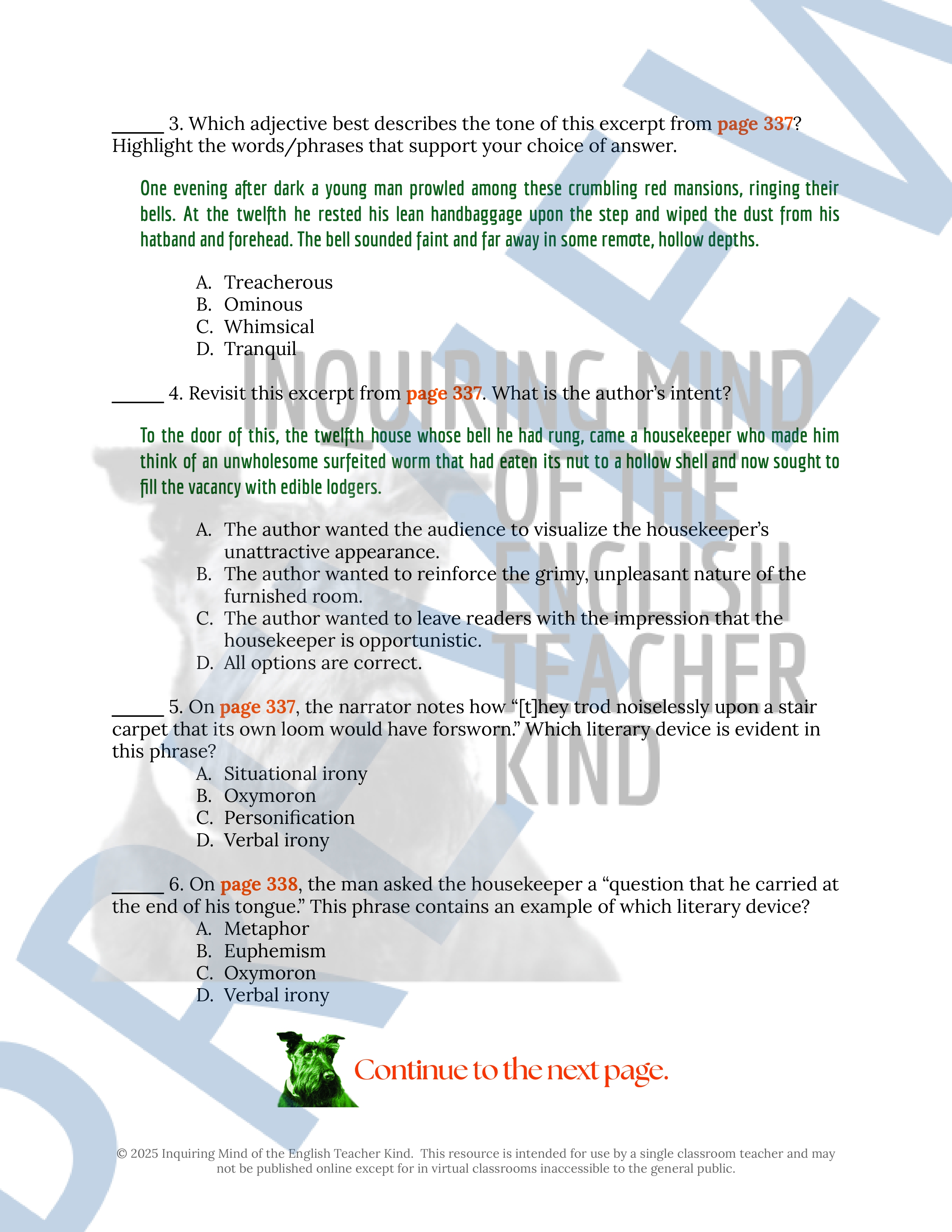 "The Furnished Room" by O. Henry Close Reading Analysis Worksheet and ...