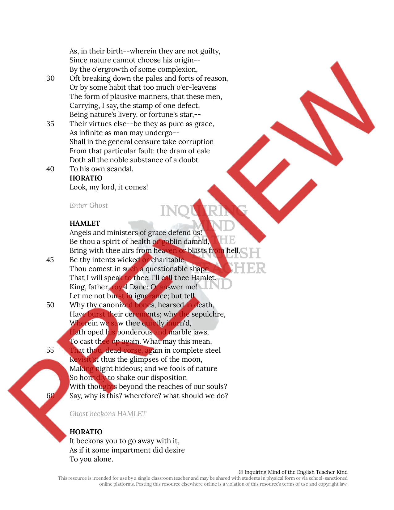 Hamlet Act 1 Scene 4 Close Reading Worksheet | Teaching Resources