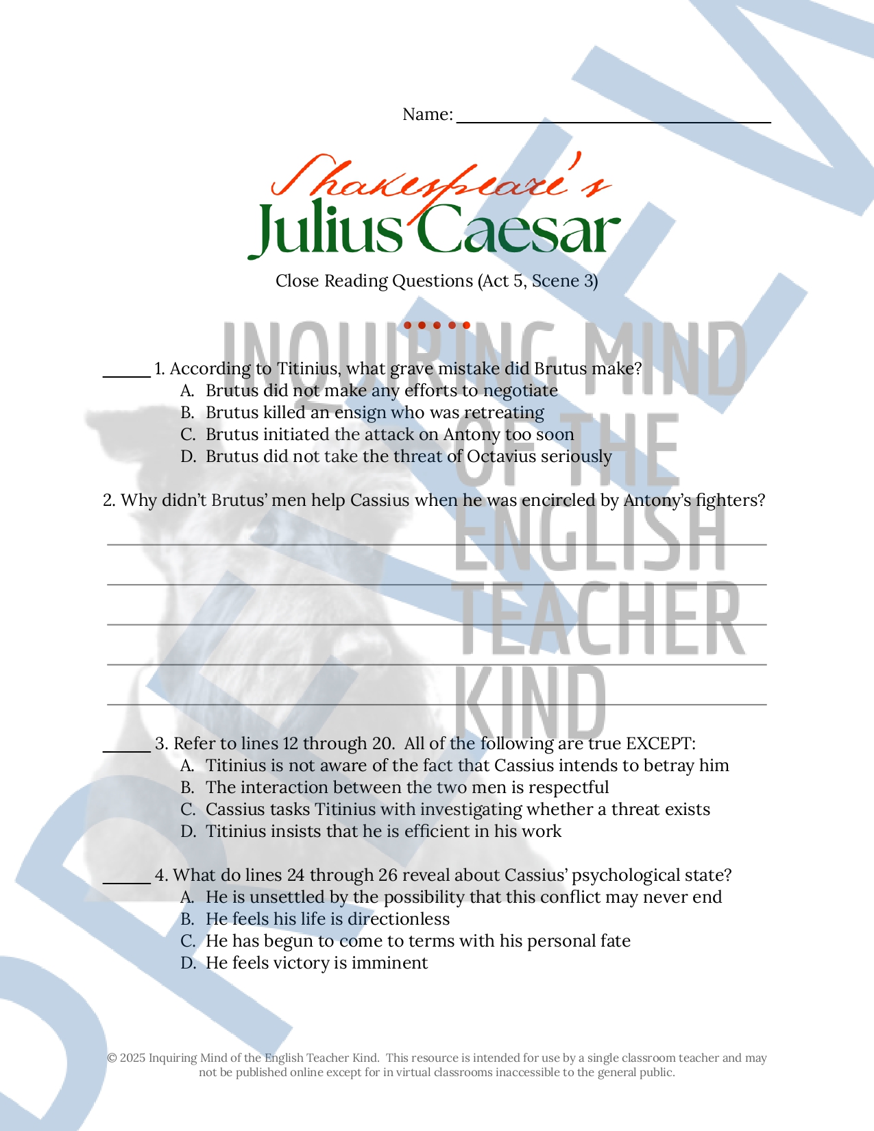 Julius Caesar Act 5 Scene 3 Close Reading Analysis Worksheet and Answer ...