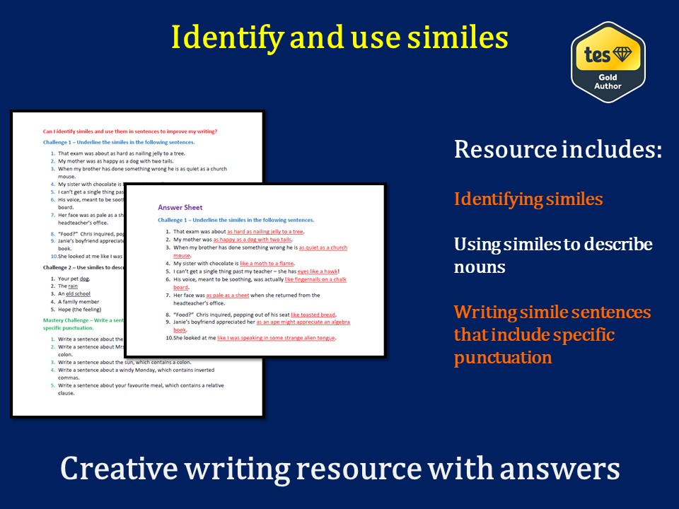 Identify and use similes (differentiated, with answers) by GalvaniseEDU ...