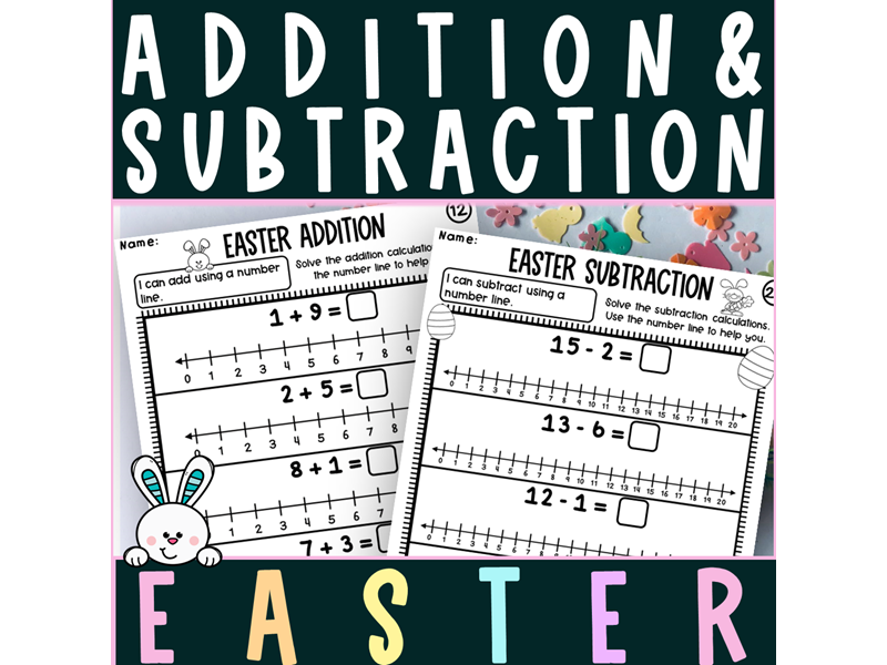 Easter Addition Subtraction On A Number Line Worksheet Bundle KS1 