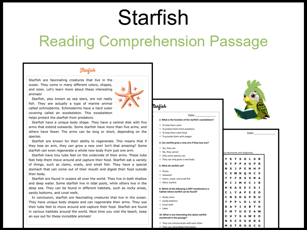 Starfish Reading Comprehension and Word Search | Teaching Resources