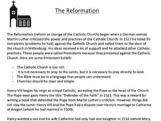 The Reformation in England Reading Comprehension KS2 KS3 Henry VIII ...