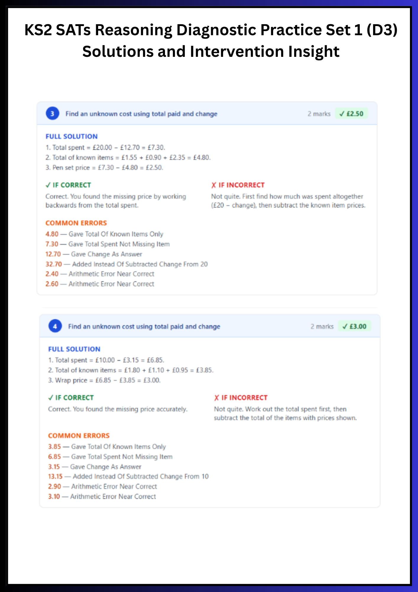 KS2 SATs Reasoning Diagnostic Practice (5Qs Set 1 for D3) with ...