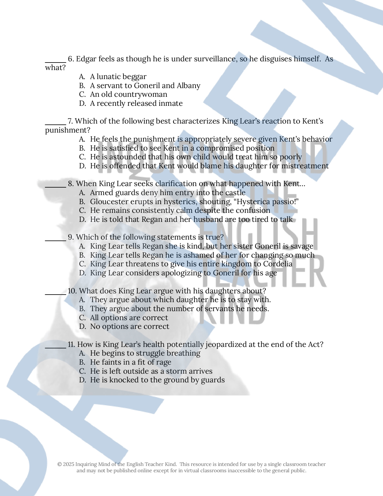 King Lear Act 2 Quiz and Answer Key | Teaching Resources