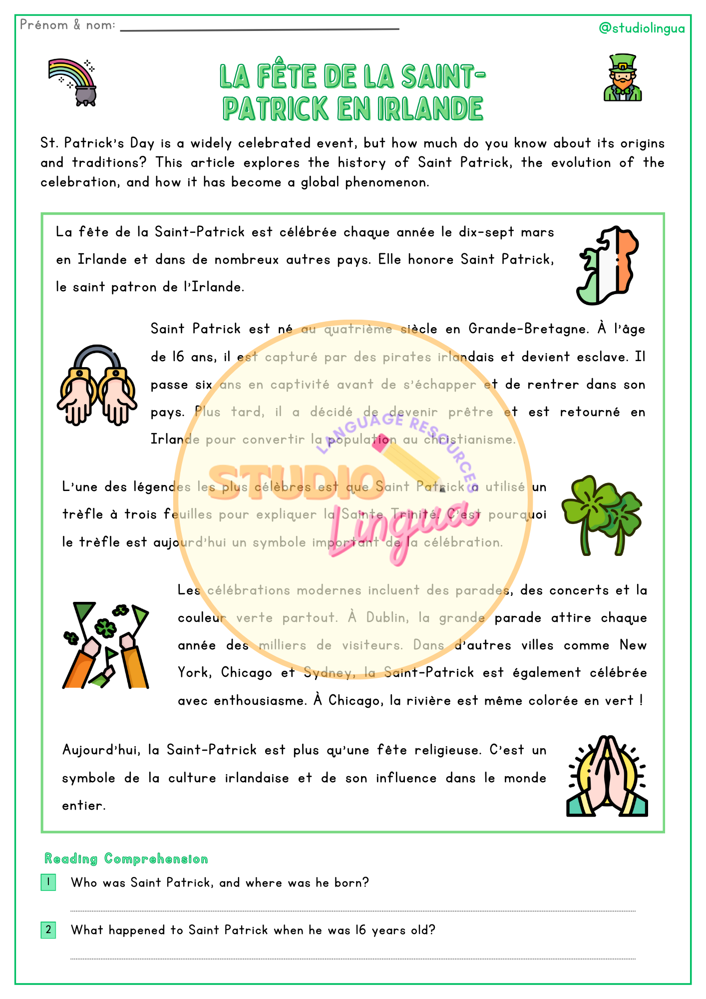 St. Patrick’s Day French Reading Comprehension | Printable PDF | GCSE ...