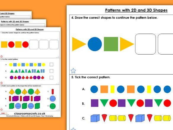 Year 1 Patterns with 2D and 3D Shapes Autumn Block 3 Maths Homework ...