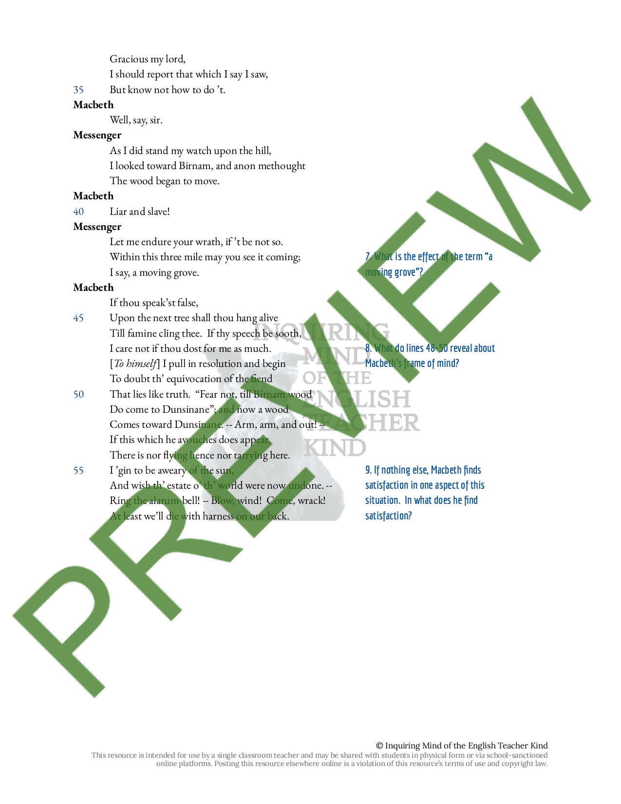 Macbeth Act 5 Scene 5 Close Reading Worksheet | Teaching Resources