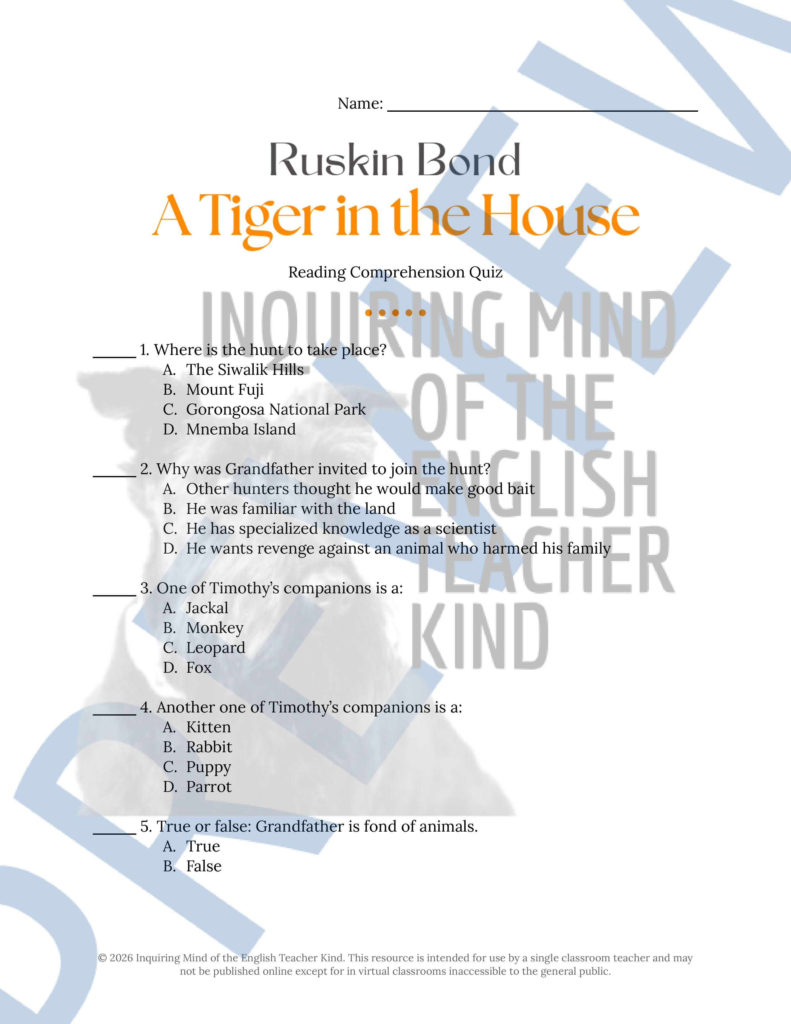 "A Tiger in the House" by Ruskin Bond Quiz and Answer Key | Story of ...