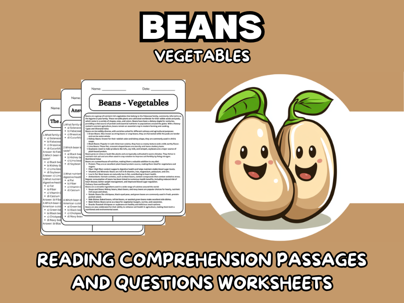 Beans - Vegetables Reading Comprehension Passages and Questions ...