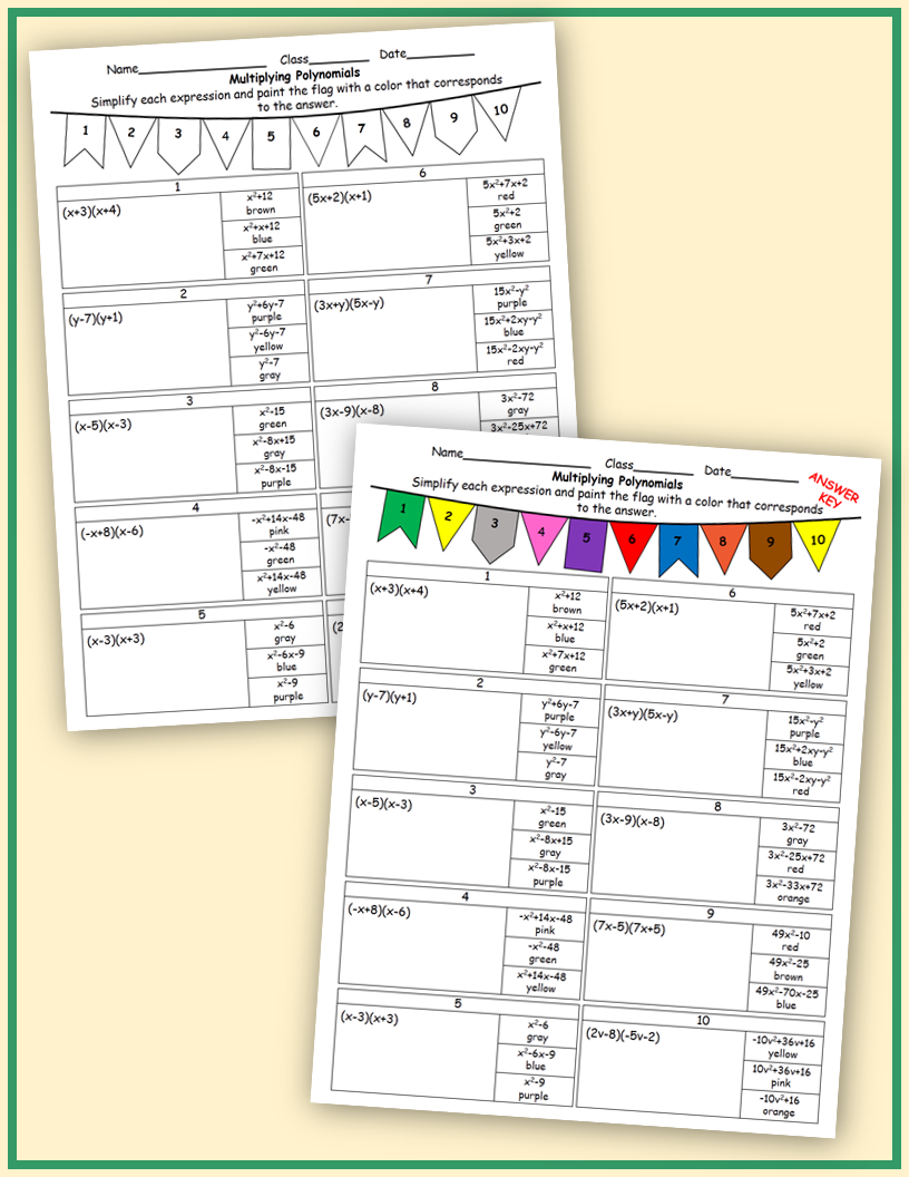 Multiplying Polynomials Coloring Activity Teaching Resources
