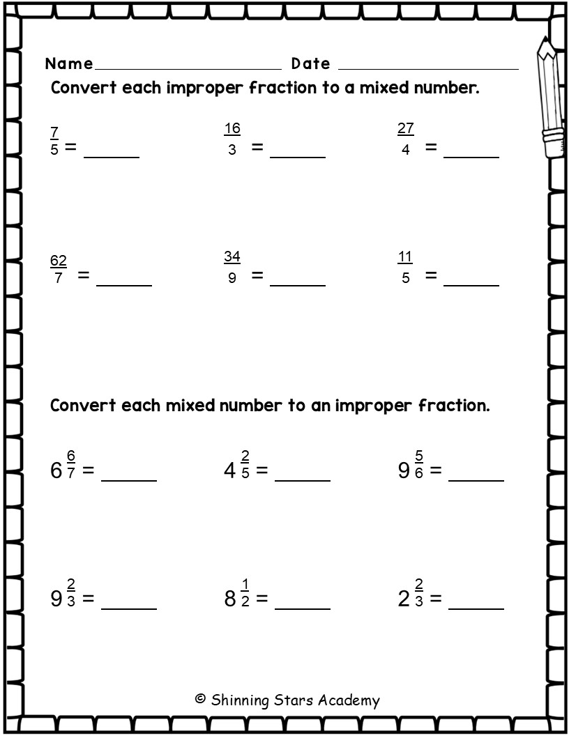 Convert Improper Fractions to Mixed Numbers and Mixed Numbers to Improper Fractions Worksheets ...